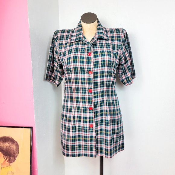 Vintage | Dresses | Vintage 9s Green Plaid Button Down Micro Mini Dress ...
